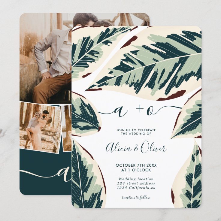 Modern tropical greenery leaf 4 photos wedding invitation | Zazzle