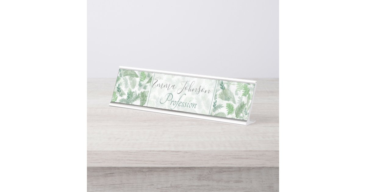 Modern Tropical Greenery White Green Foliage Desk Name Plate | Zazzle