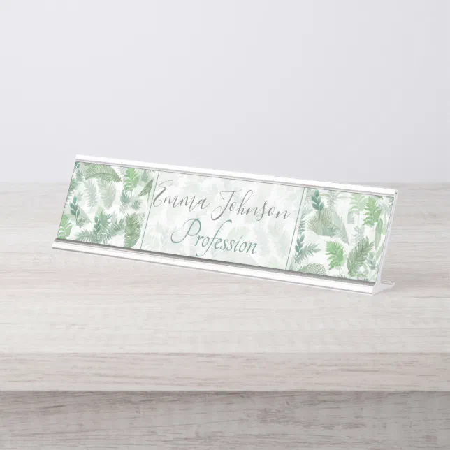 Modern Tropical Greenery White Green Foliage Desk Name Plate | Zazzle