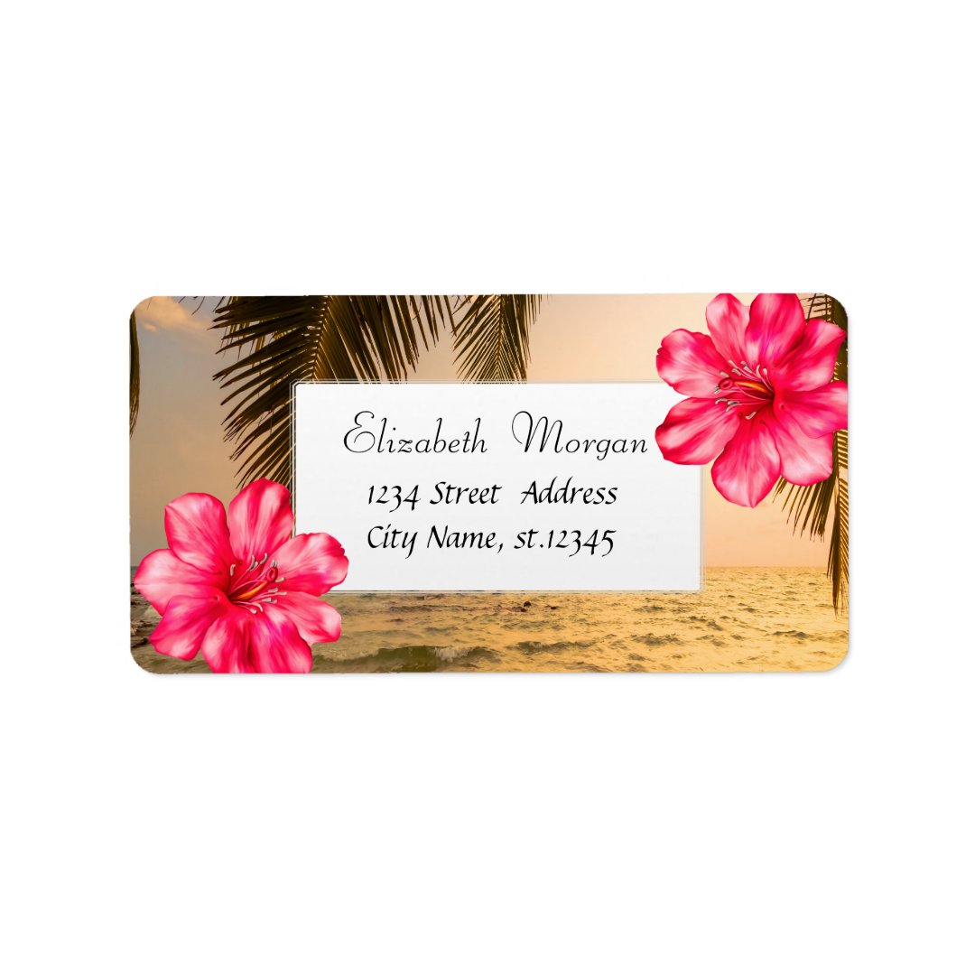 Modern Tropical ,Hibiscus Beach Palm Label | Zazzle