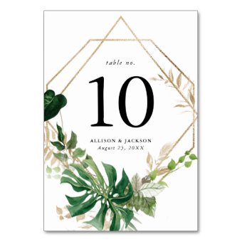 Modern Tropical Leaves Gold Frame Personalized Table Number | Zazzle
