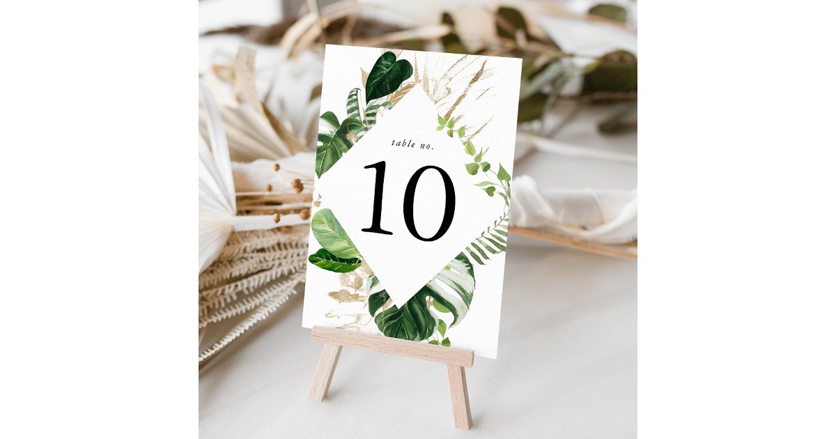 Modern Tropical Leaves Gold Personalized Table Number | Zazzle