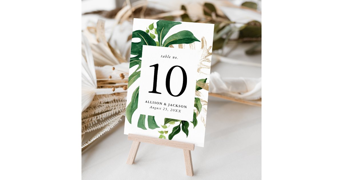 Modern Tropical Leaves Gold Personalized Table Number | Zazzle