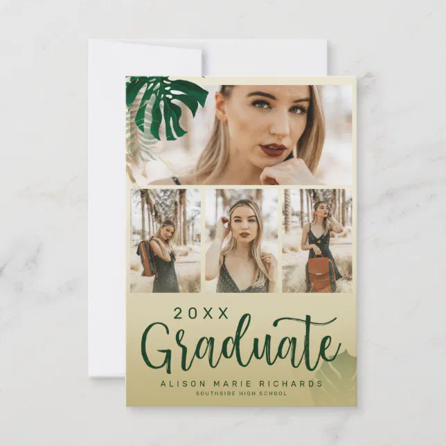Modern Tropical Leaves Themed Graduation Photo Announcement | Zazzle
