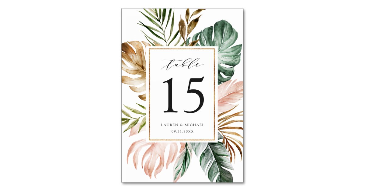 Modern Tropical Palm Leaf Greenery Blush Floral Table Number | Zazzle