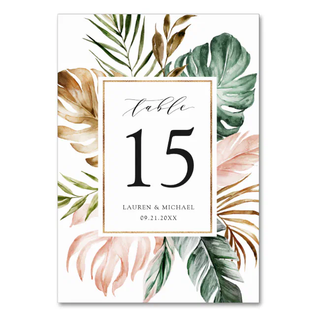 Modern Tropical Palm Leaf Greenery Blush Floral Table Number | Zazzle