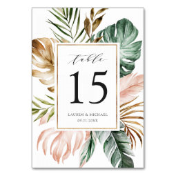 Modern Tropical Palm Leaf Greenery Blush Floral Table Number | Zazzle