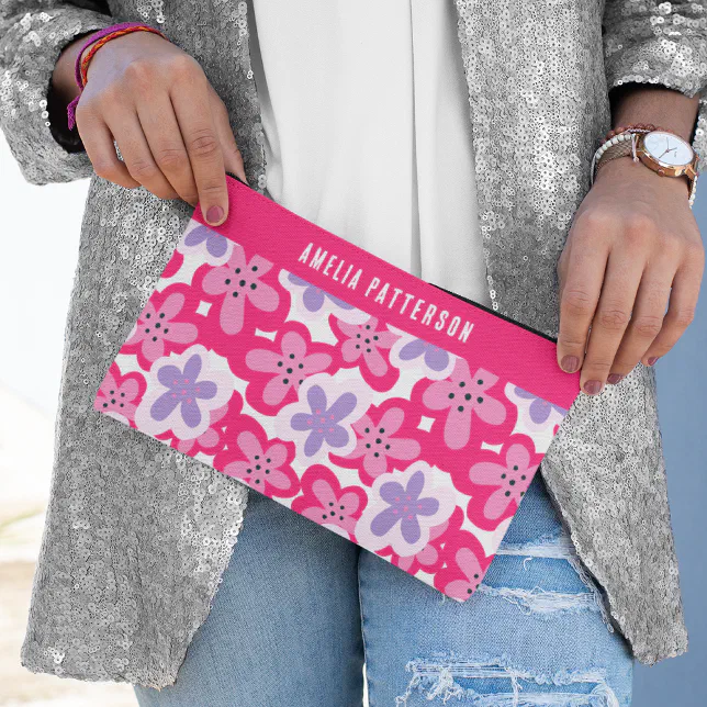 Modern Tropical Pink Floral Personalized Name Accessory Pouch | Zazzle