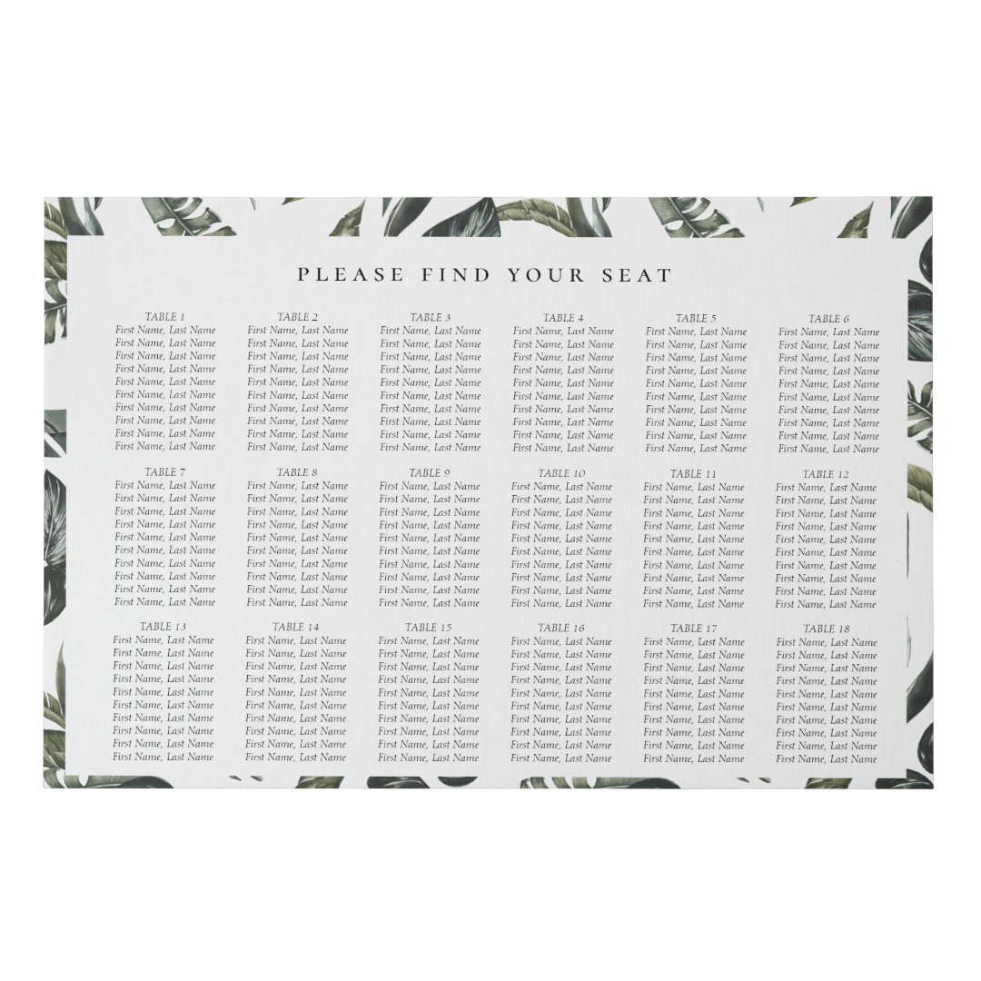 Modern Tropics Wedding 18 Table Seating Chart Faux Canvas Print | Zazzle