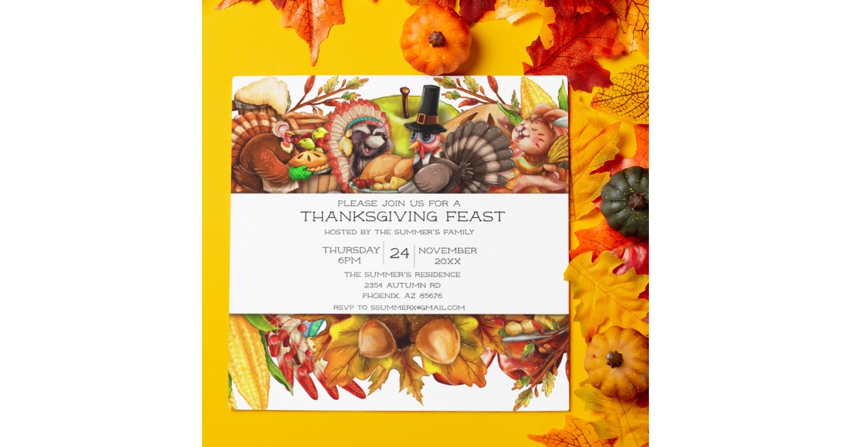 Modern Turkey Thanksgiving Feast Cute Animals Invitation | Zazzle