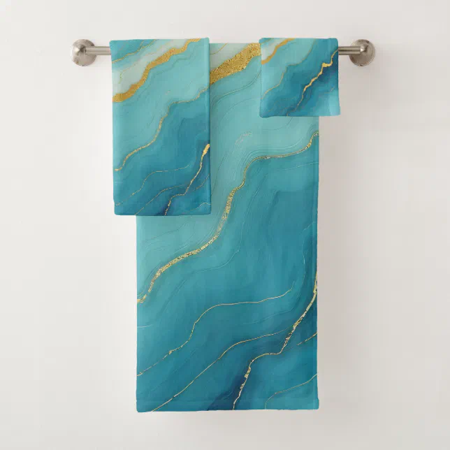 Modern Turquoise Blue Gold Marble Collection Bath Towel Set | Zazzle