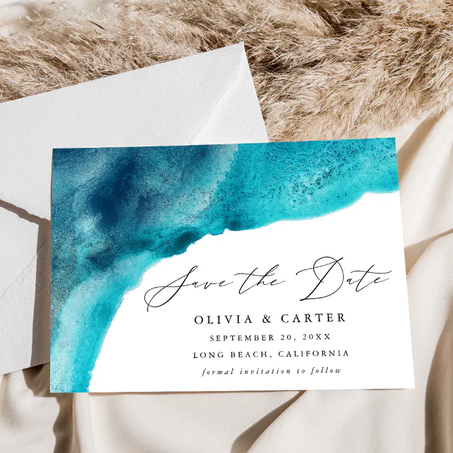 Modern Turquoise Blue Watercolor Waves Save The Date | Zazzle