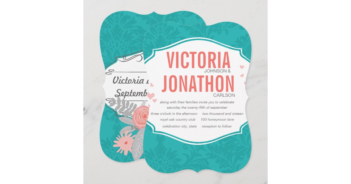 Modern Turquoise Chartreuse Damask Wedding Invitation | Zazzle