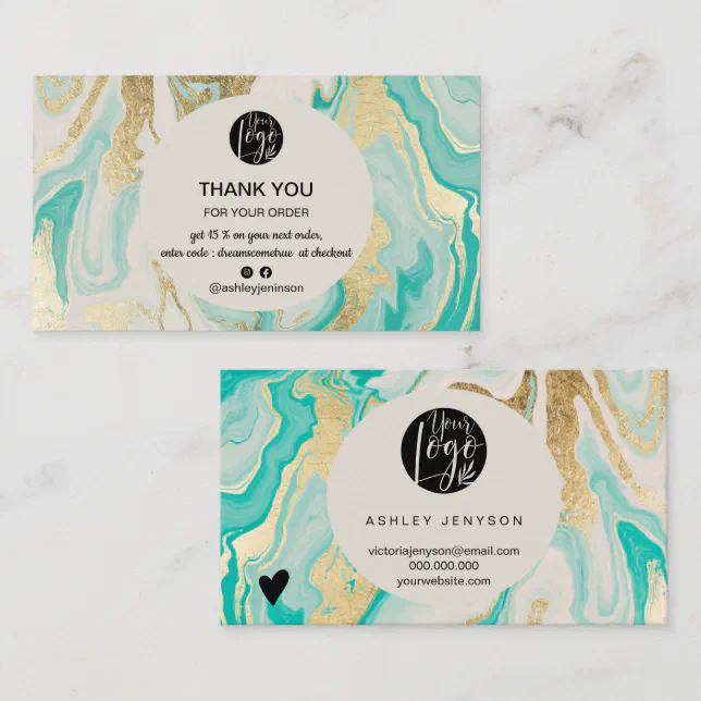 Modern turquoise gold marble logo order thank you business card | Zazzle