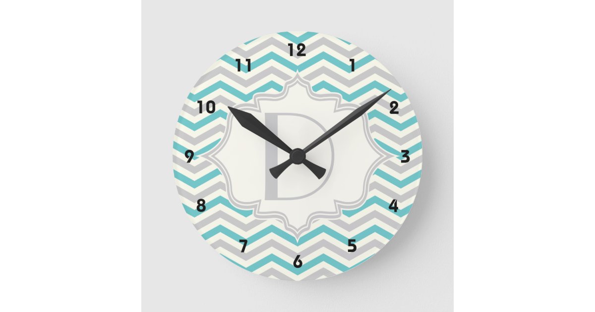 Modern turquoise, gray, ivory chevron pattern round clock | Zazzle