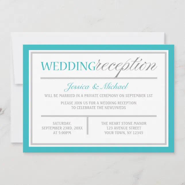 Modern Turquoise Gray Wedding Reception Invitation | Zazzle