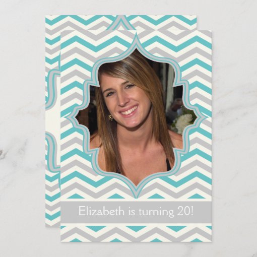 Modern turquoise, grey chevron birthday photo invitation | Zazzle