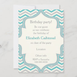 Modern turquoise, grey chevron birthday photo invitation | Zazzle