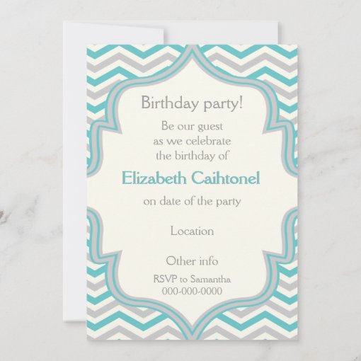 Modern turquoise, grey chevron birthday photo invitation | Zazzle