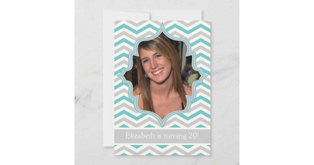 Modern turquoise, grey chevron birthday photo invitation | Zazzle