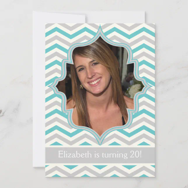 Modern turquoise, grey chevron birthday photo invitation | Zazzle
