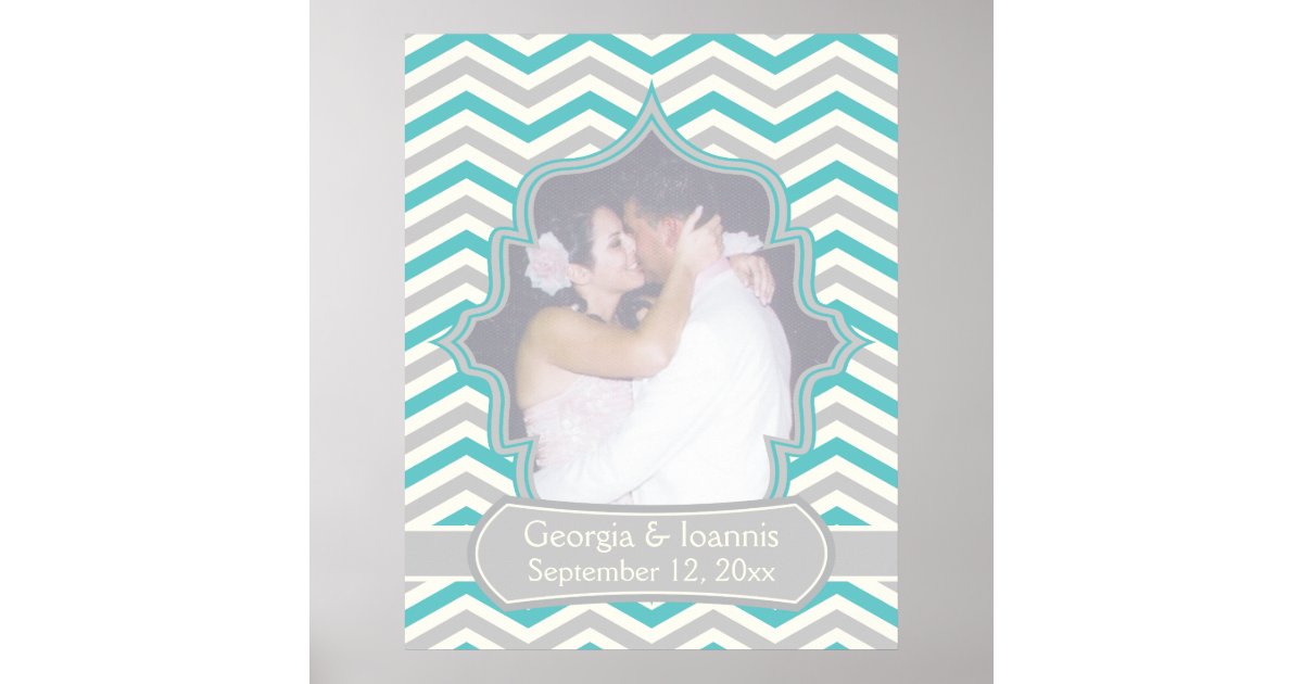 Modern turquoise, grey chevron wedding poster | Zazzle