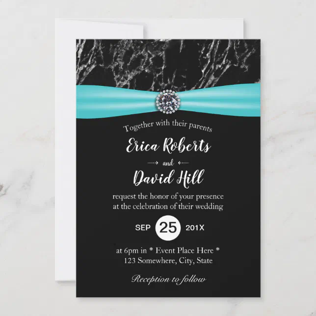 Modern Turquoise Ribbon Black Marble Wedding Invitation | Zazzle
