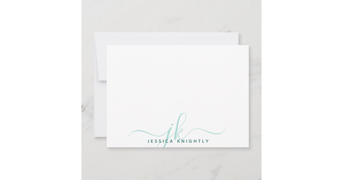 Modern Turquoise Script Monogram Initials Note Card | Zazzle