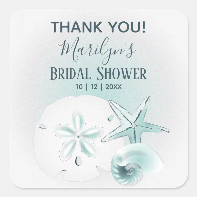 Modern Turquoise Seashell Beach Wedding Square Sticker | Zazzle