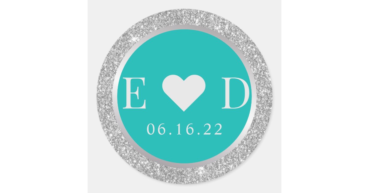 Modern Turquoise & Silver Glitter Monogram Wedding Classic Round ...