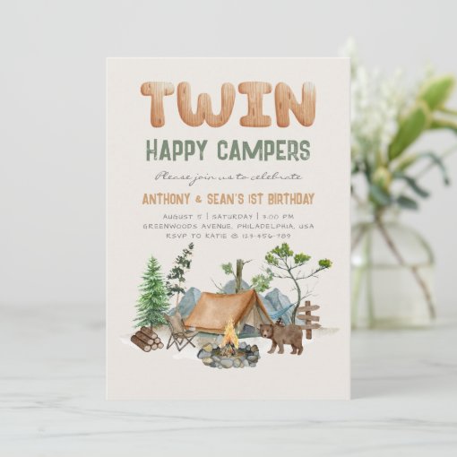 Modern Twin Happy Campers Woodland 1st Invitation | Zazzle