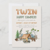 Modern Twin Happy Campers Woodland 1st Invitation | Zazzle