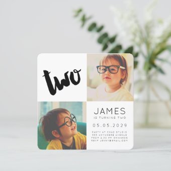 Modern TWO 2nd Birthday Party Boy Girl Photo Card | Zazzle