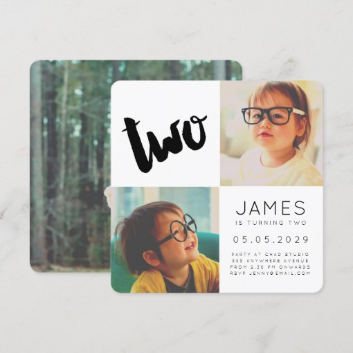 Modern TWO 2nd Birthday Party Boy Girl Photo Card | Zazzle