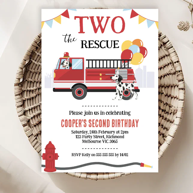 Modern Two The Rescue Fire Engine 2nd Birthday Invitation | Zazzle