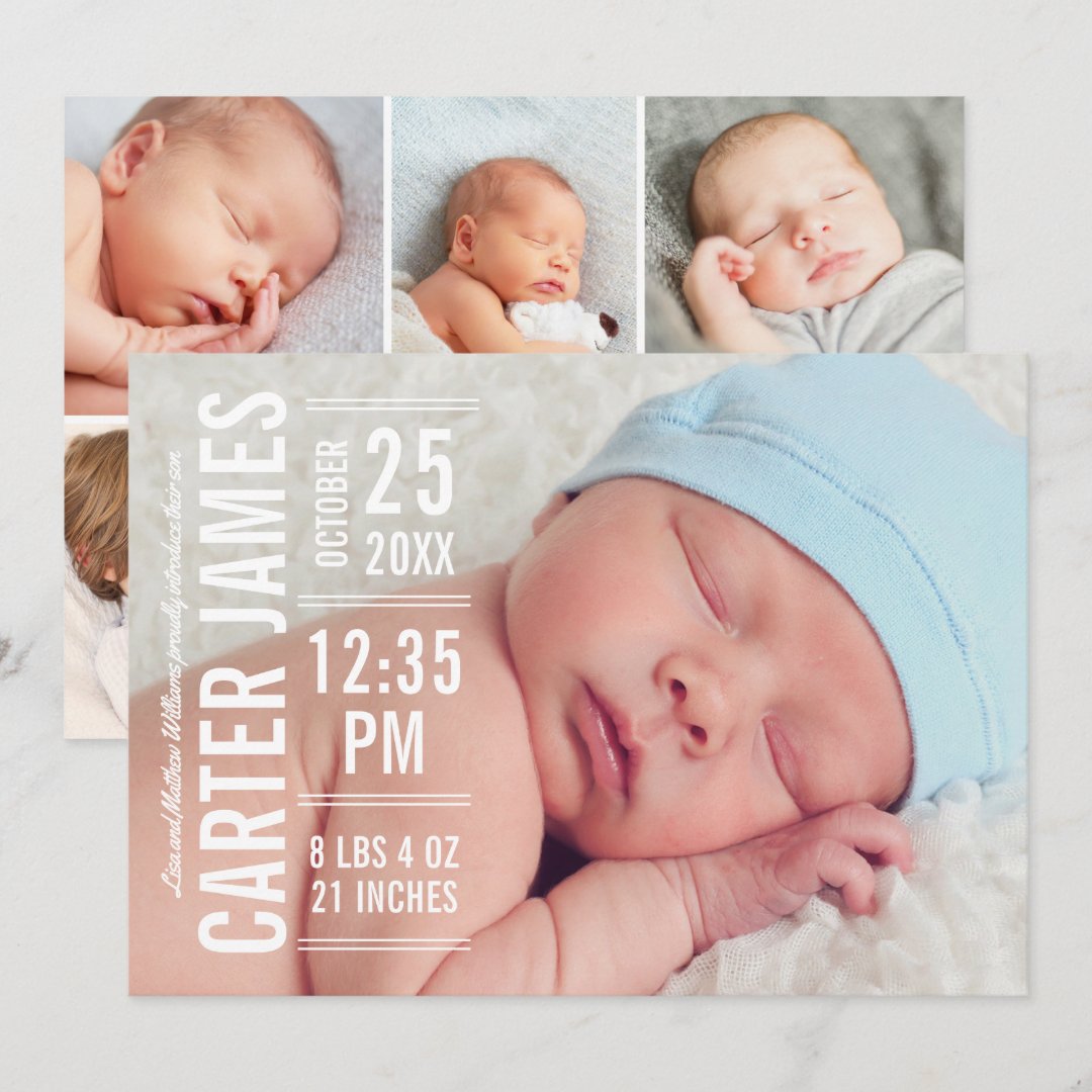 Modern Type Baby Boy Photo White Text Birth Announcement | Zazzle
