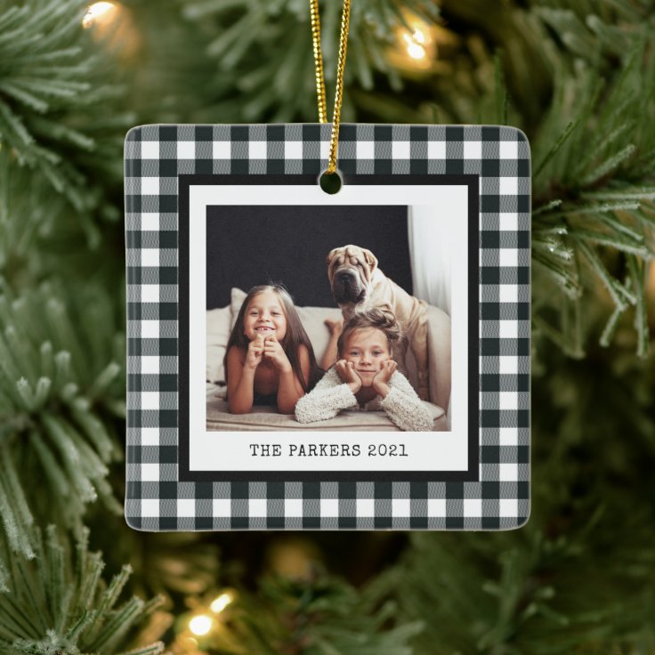 Modern Typewriter | Two Photos on Black Gingham Ceramic Ornament | Zazzle