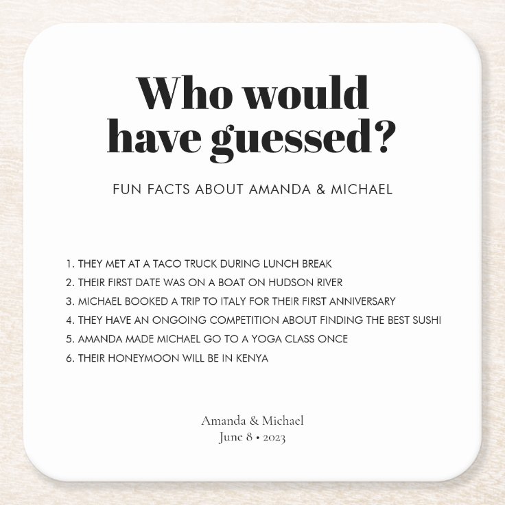 Modern Typography Black White Wedding Fun Facts Square Paper Coaster ...