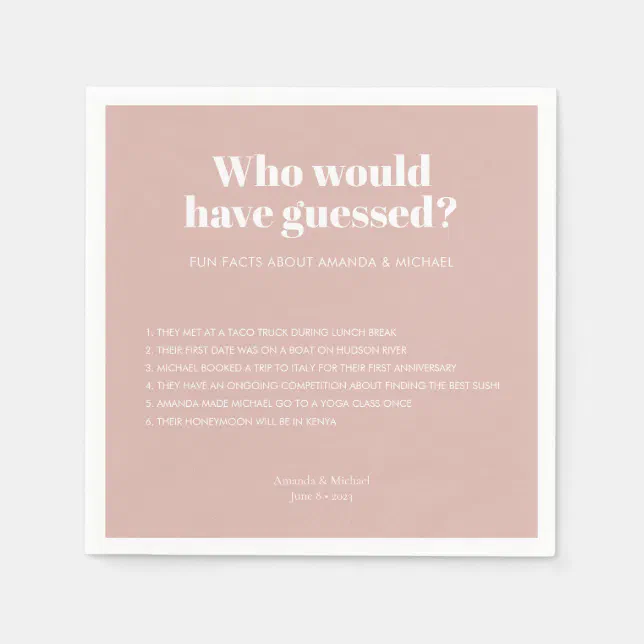 Modern Typography Blush Pink Wedding Fun Facts Napkins | Zazzle