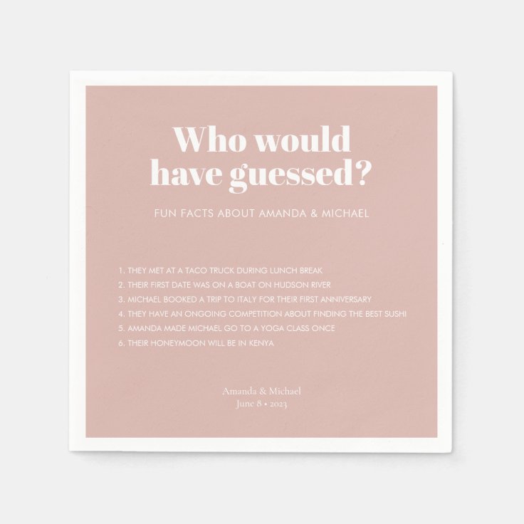 Modern Typography Blush Pink Wedding Fun Facts Napkins | Zazzle