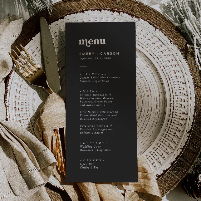 Modern Typography | Charcoal Gray Wedding Dinner Menu | Zazzle