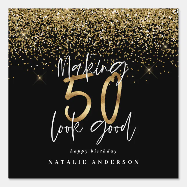 Modern typography gold glitter chic 50th birthday sign | Zazzle