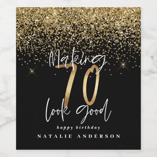Modern typography gold glitter chic 70th birthday wine label | Zazzle