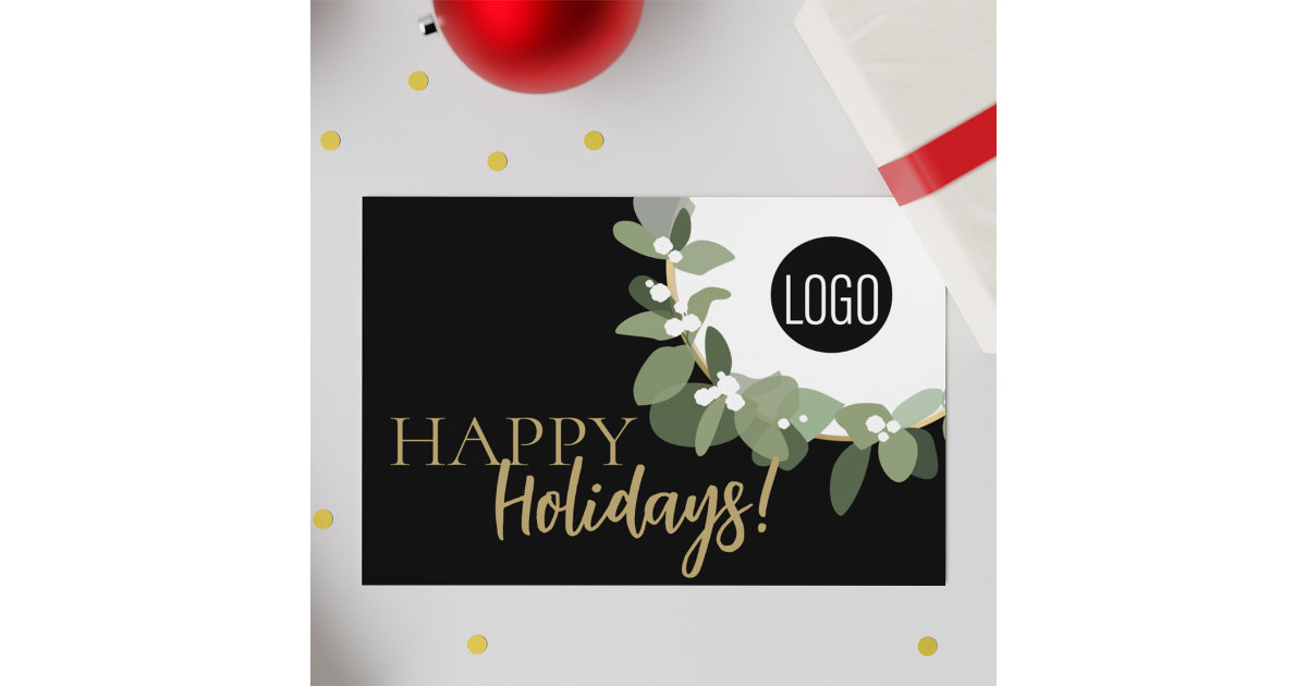 Modern Typography Green Wreath Happy Holidays logo Holiday Card | Zazzle