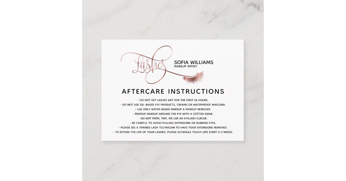 Modern Typography Long Rose Gold Lashes Aftercare Referral Card | Zazzle
