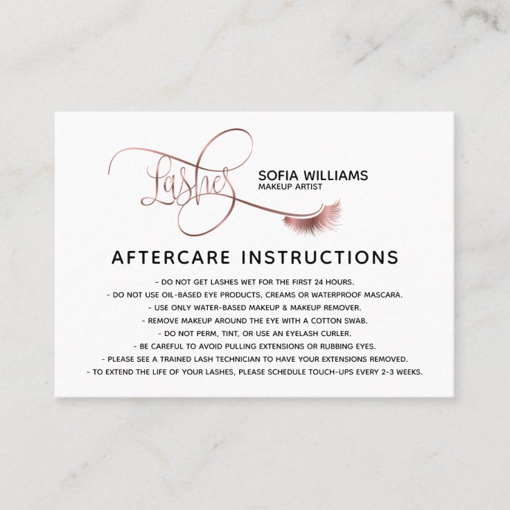 Modern Typography Long Rose Gold Lashes Aftercare Referral Card | Zazzle