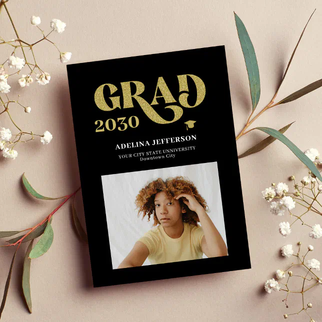 Modern typography photo gold black graduation announcement | Zazzle