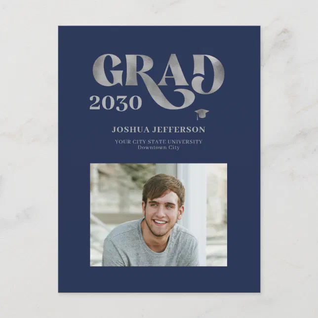 Modern typography photo silver glitter graduation announcement postcard ...