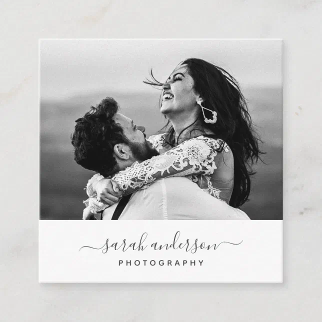 Modern Typography Photographer Minimal Calligraphy Square Business Card ...