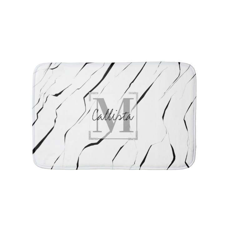 Modern Unique Black White Marble Monogram Bath Mat | Zazzle